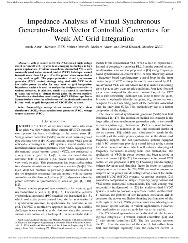 Pdf Impedance Analysis Of Virtual Synchronous Generator Based Vector Controlled Converters For 