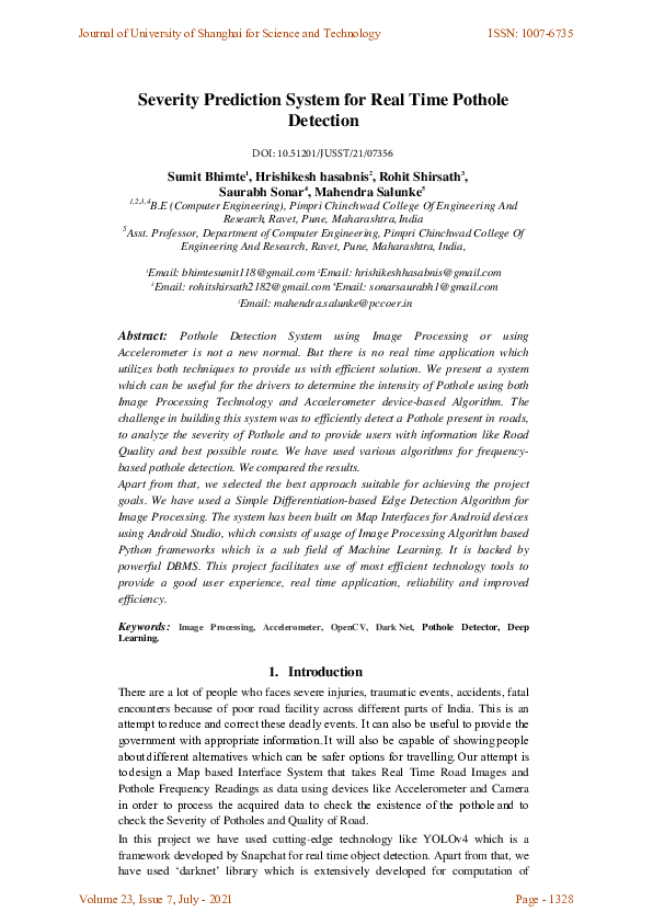 (PDF) Severity Prediction System for Real Time Pothole Detection