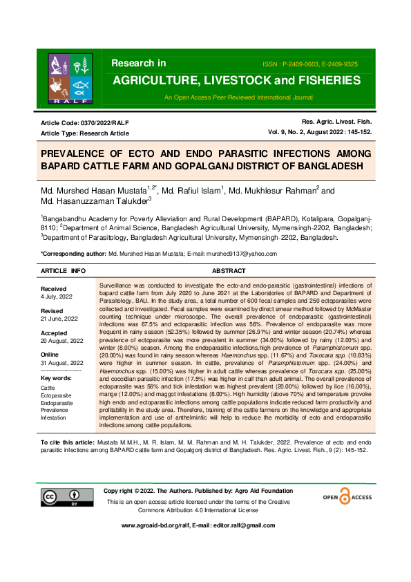 (PDF) Prevalence of Ecto and Endo Parasitic Infections Among Bapard Cattle Farm and Gopalganj ...