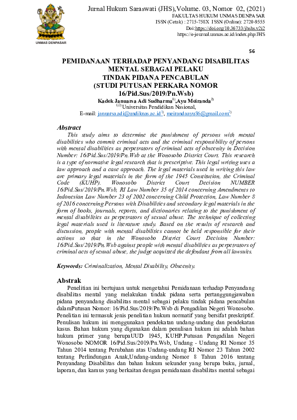 (PDF) PEMIDANAAN TERHADAP PENYANDANG DISABILITAS MENTAL SEBAGAI PELAKU TINDAK PIDANA PENCABULAN ...