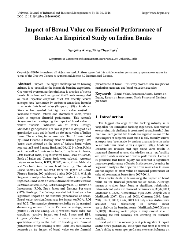 (PDF) Impact of Brand Value on Financial Performance of Banks: An Empirical Study on Indian Banks