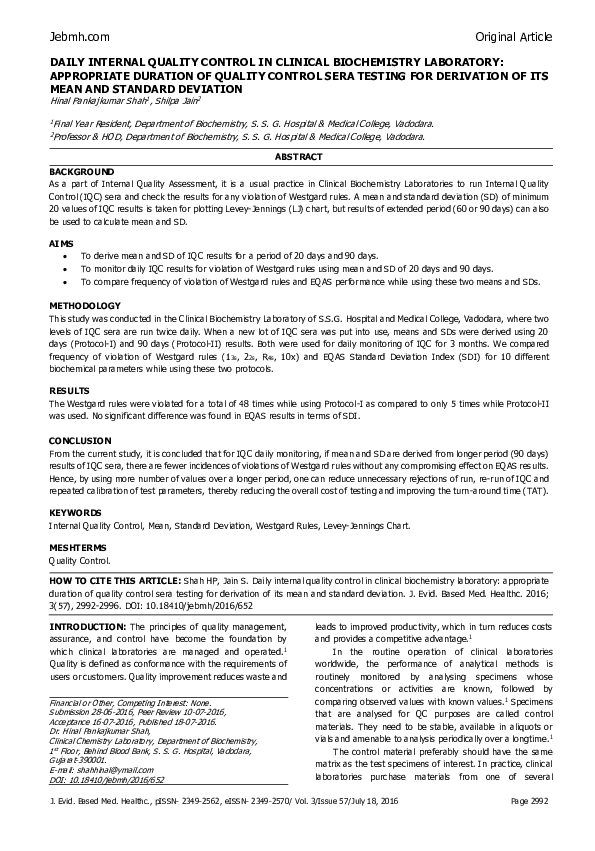 (PDF) Daily Internal Quality Control in Clinical Biochemistry Laboratory: Appropriate Duration ...