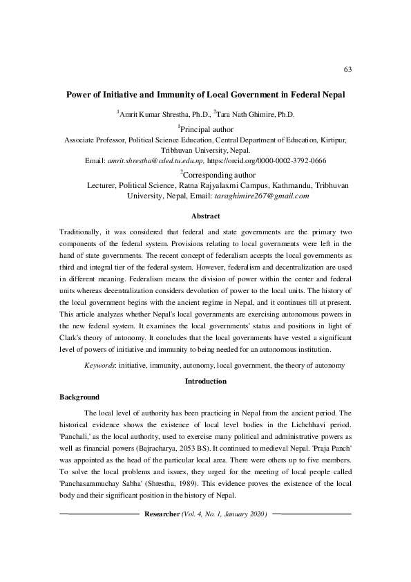 (PDF) Power of Initiative and Immunity of Local Government in Federal Nepal