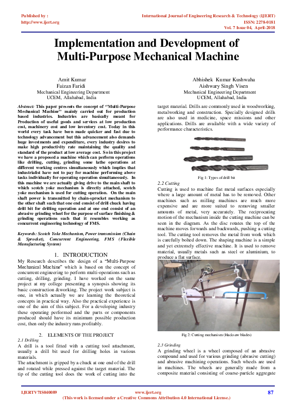 (PDF) Implementation and Development of Multi- Purpose Mechanical Machine