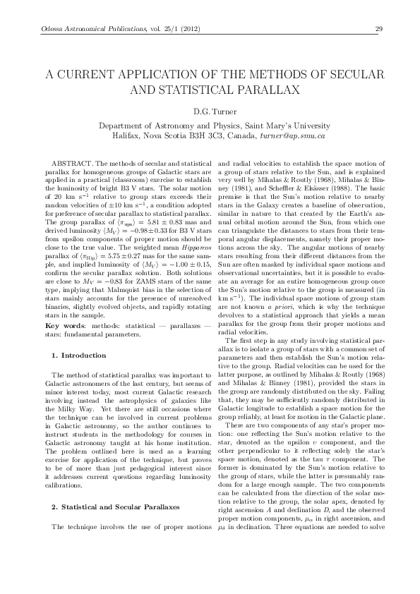 (PDF) A Current Application of the Methods of Secular and Statistical Parallax