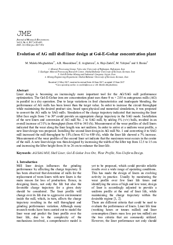 (PDF) Evolution of AG mill shell liner design at Gol-E-Gohar ...