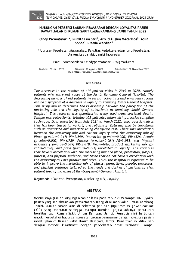 (PDF) Hubungan Persepsi Bauran Pemasaran dengan Loyalitas Pasien Rawat ...