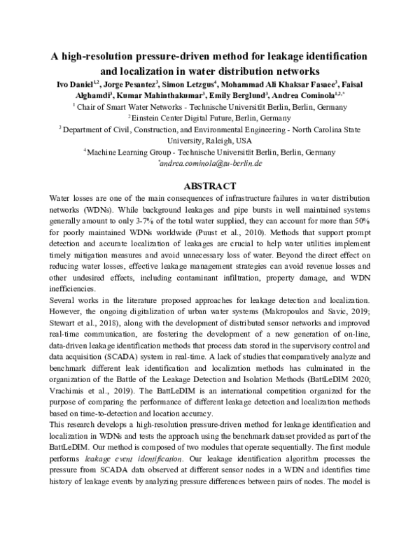 Pdf A High Resolution Pressure Driven Method For Leakage Identification And Localization In