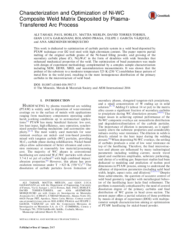 (PDF) Characterization and Optimization of Ni-WC Composite Weld Matrix Deposited by Plasma ...