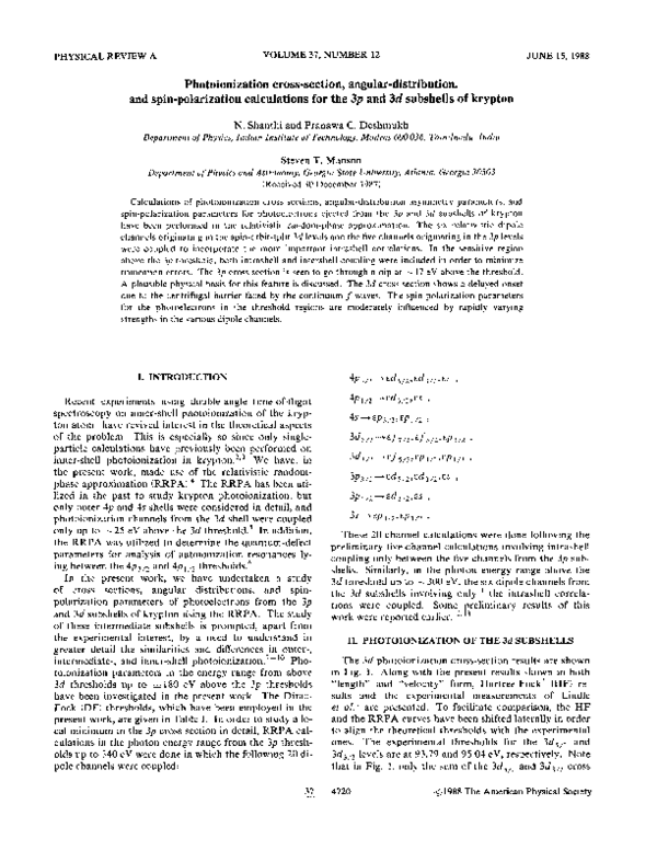 Pdf Photoionization Cross Section Angular Distribution And Spin