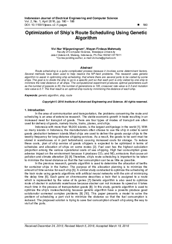 (PDF) Optimization of Ship’s Route Scheduling Using Genetic Algorithm