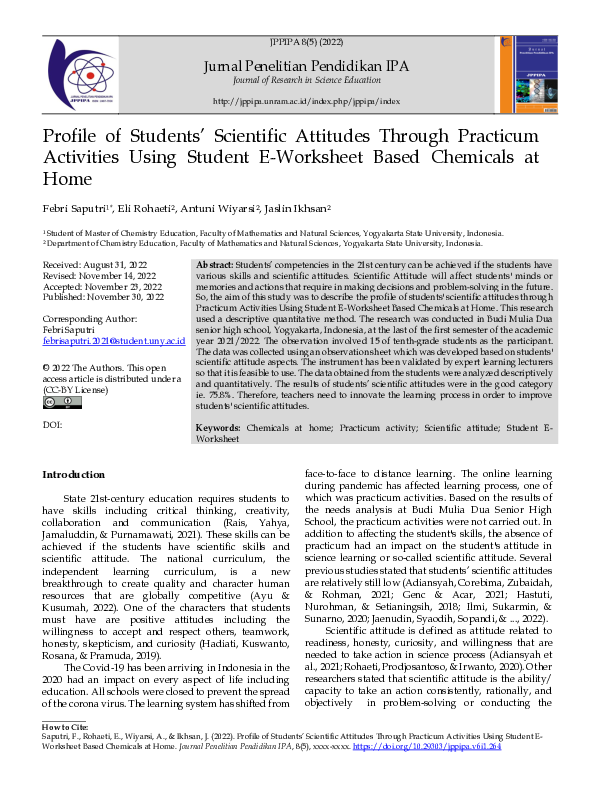 (PDF) Profile of Students’ Scientific Attitudes Through Practicum ...
