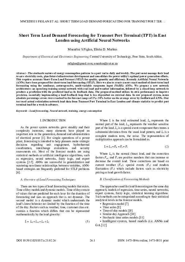 (PDF) Short Term Load Demand Forecasting for Transnet Port Terminal (TPT) in East London Using ...