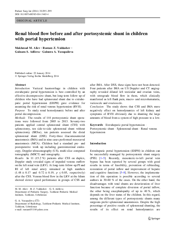 (PDF) Renal blood flow before and after portosystemic shunt in children ...