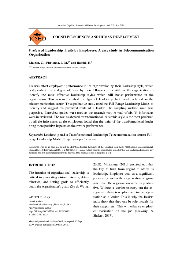 (PDF) Preferred Leadership Traits by Employees: A case study in ...