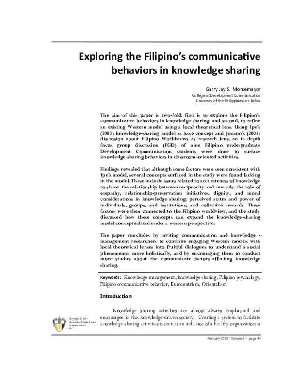 (PDF) Exploring the Filipino’s communicative behaviors in knowledge sharing