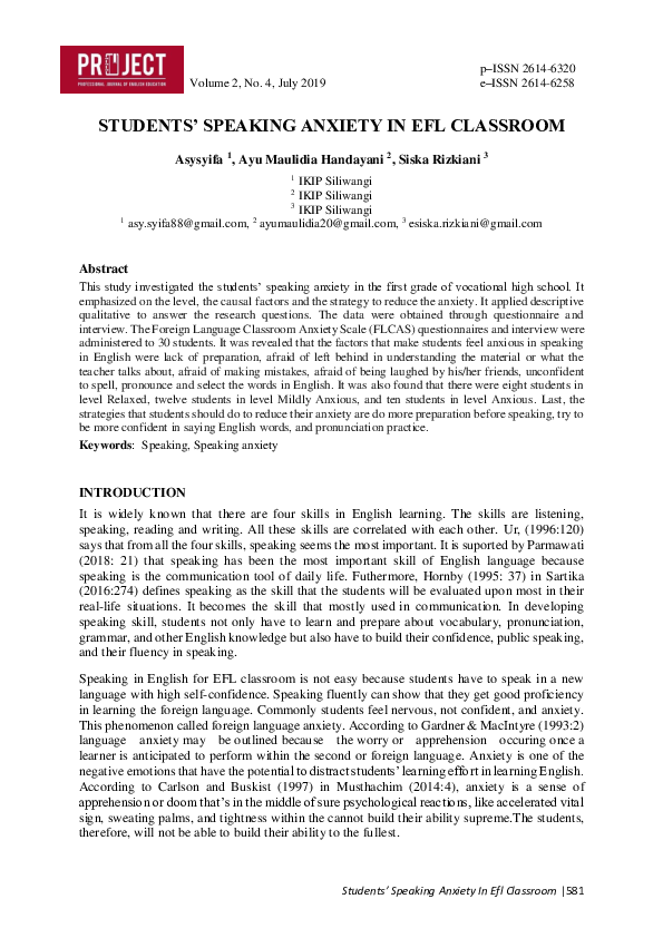 (PDF) Students' Speaking Anxiety in EFL Classroom