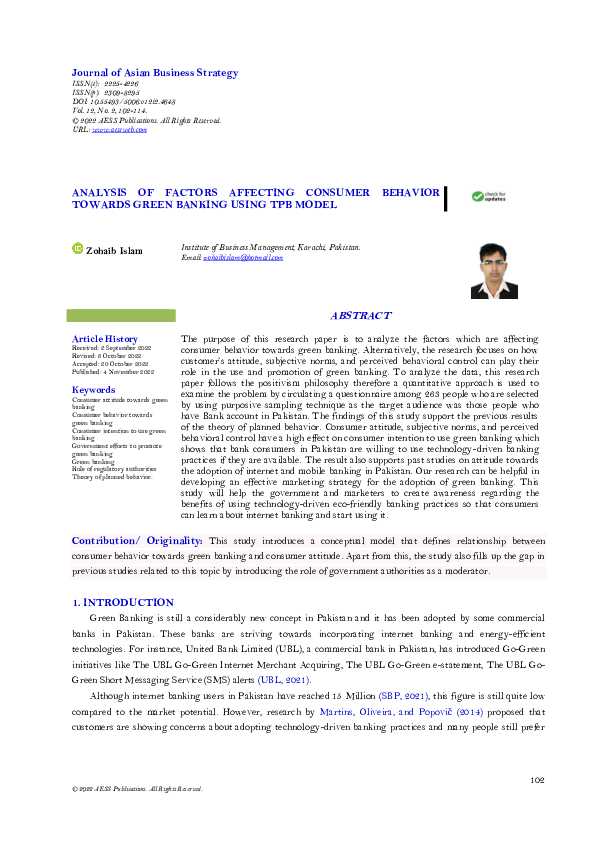 (PDF) Analysis of Factors Affecting Consumer Behavior towards Green Banking using TPB Model