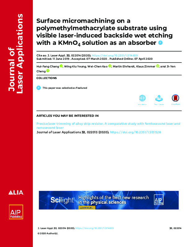 (PDF) Surface micromachining on a polymethylmethacrylate substrate using visible laser-induced ...