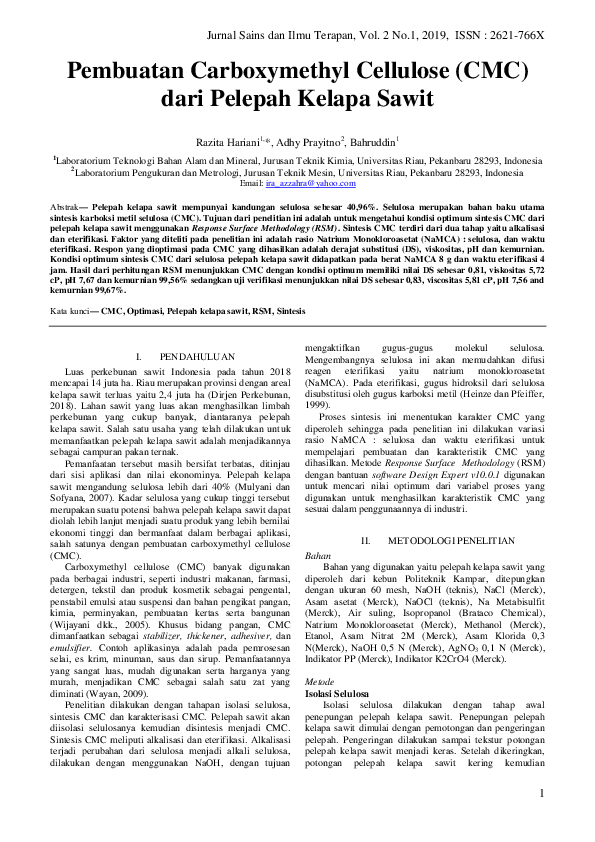 (PDF) Pembuatan Carboxymethyl Cellulose (CMC) dari Pelepah Kelapa Sawit