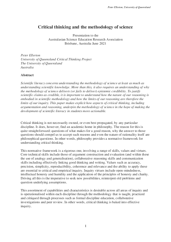 (PDF) Critical thinking and the methodology of science
