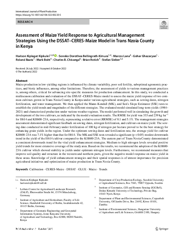 Pdf Assessment Of Maize Yield Response To Agricultural Management Strategies Using The Dssat