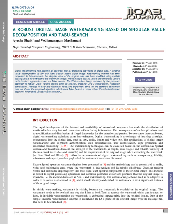 (PDF) A Robust Digital Image Watermarking Based on Singular Value Decomposition and Tabu-Search