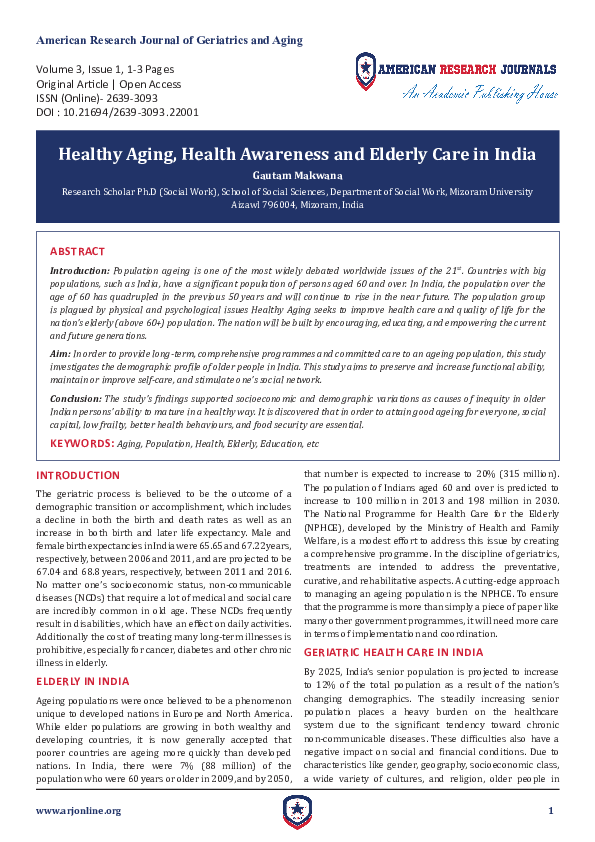 (PDF) Healthy Aging, Health Awareness and Elderly Care in India