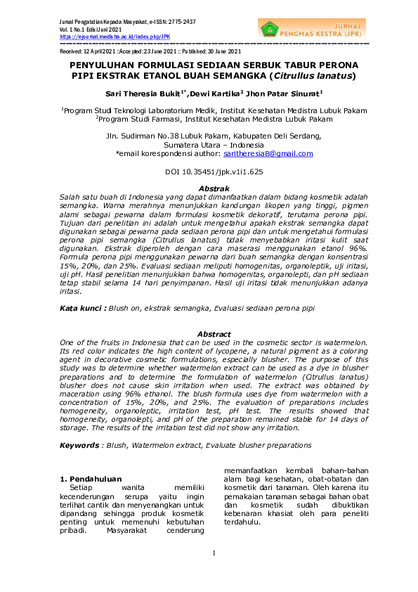 (PDF) PENYULUHAN FORMULASI SEDIAAN SERBUK TABUR PERONA PIPI EKSTRAK ETANOL BUAH SEMANGKA ...