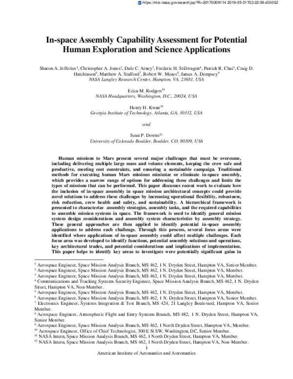 (PDF) In-space Assembly Capability Assessment for Potential Human Exploration and Science ...