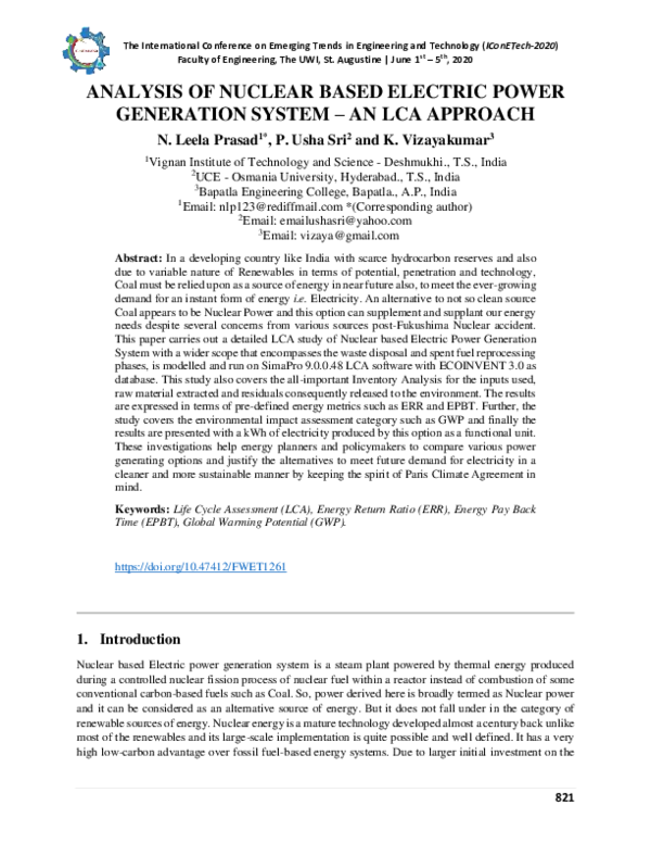 (PDF) Analysis of Nuclear Based Electric Power Generation System – AN ...