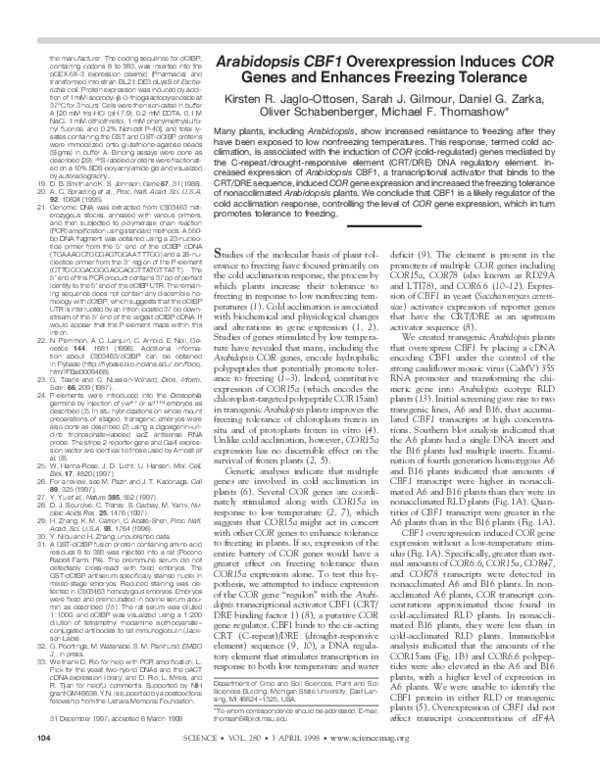 (PDF) Arabidopsis CBF1 Overexpression Induces COR Genes and Enhances Freezing Tolerance