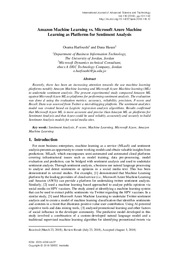 (PDF) Amazon Machine Learning vs. Microsoft Azure Machine Learning as ... (PDF) Amazon Machine Learning vs. Microsoft Azure Machine Learning as ...