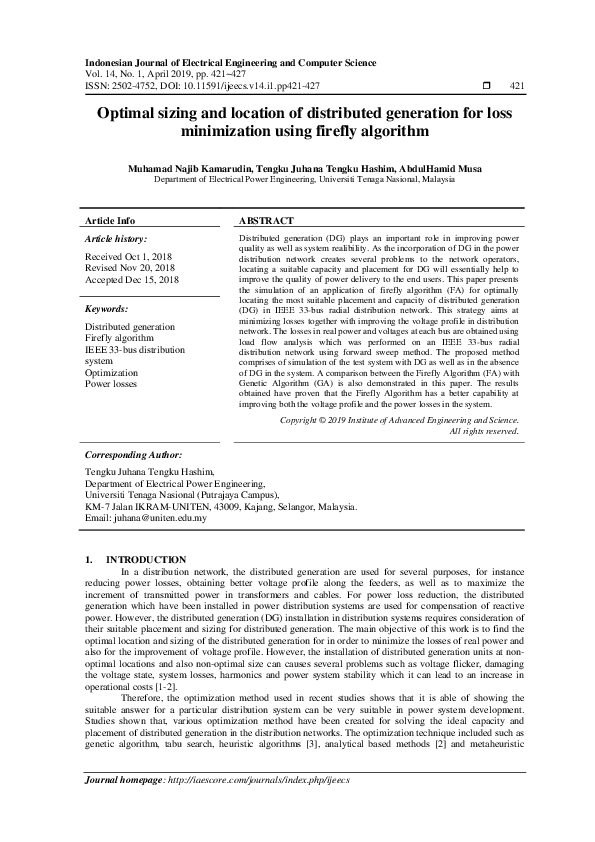 Pdf Optimal Sizing And Location Of Distributed Generation For Loss Minimization Using Firefly