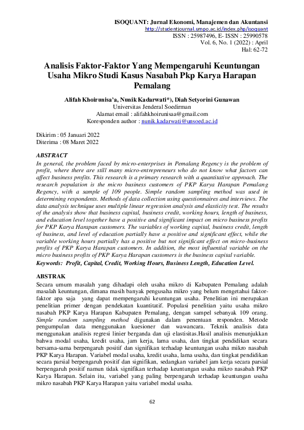 (PDF) Analisis Faktor-Faktor Yang Mempengaruhi Keuntungan Usaha Mikro Studi Kasus Nasabah Pkp ...