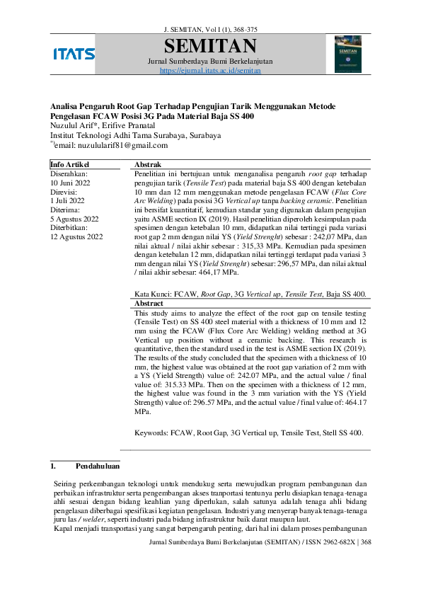(PDF) Analisa Pengaruh Root Gap Terhadap Pengujian Tarik Menggunakan Metode Pengelasan Fcaw ...