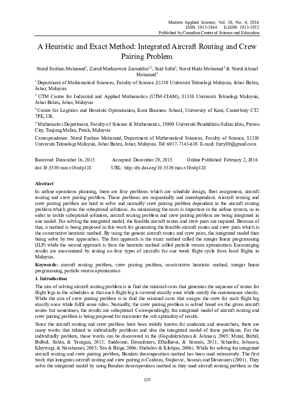 Pdf A Heuristic And Exact Method Integrated Aircraft Routing And Crew Pairing Problem