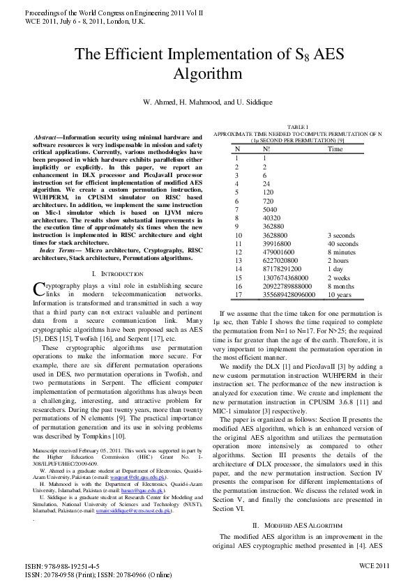 (PDF) The Efficient Implementation of S8 AES Algorithm