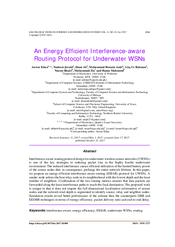 Pdf An Energy Efficient Interference Aware Routing Protocol For Underwater Wsns