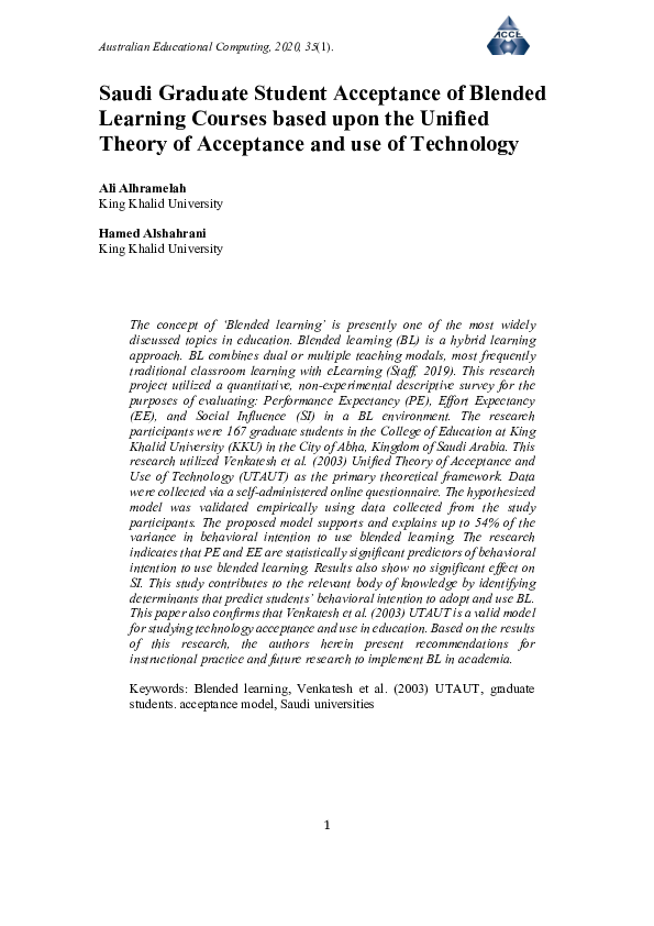 (PDF) Saudi Graduate Student Acceptance Of Blended Learning Courses Based Upon The Unified ...