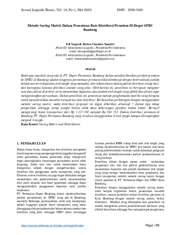 (PDF) Metode Saving Matrix Dalam Penentuan Rute Distribusi Premium Di ...