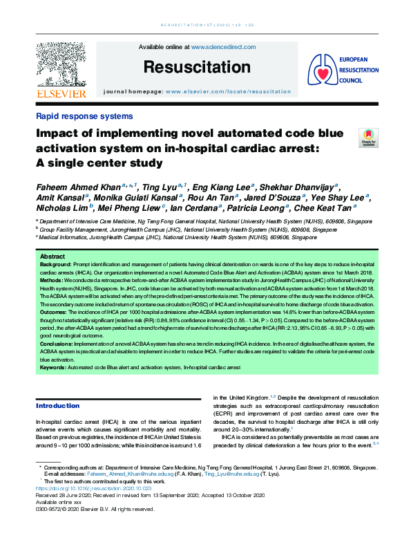 (PDF) Impact of implementing novel automated code blue activation ...
