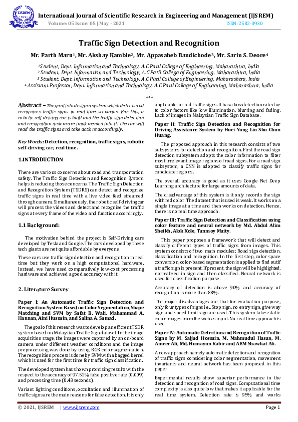 (PDF) Traffic Sign Detection and Recognition