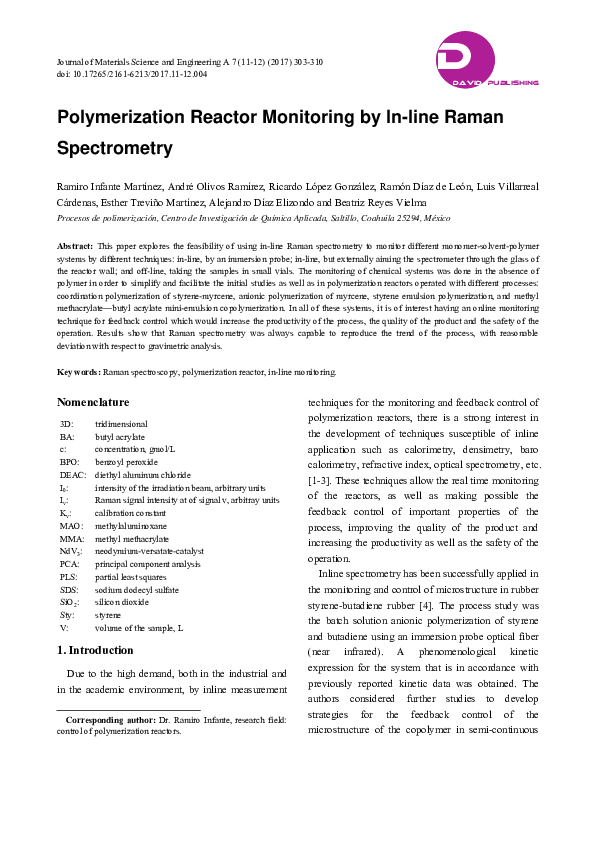 (PDF) Polymerization Reactor Monitoring by In-line Raman Spectrometry