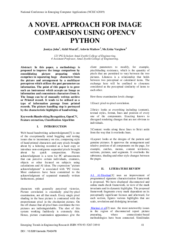 (PDF) A novel approach for image comparison using OPENCV Python