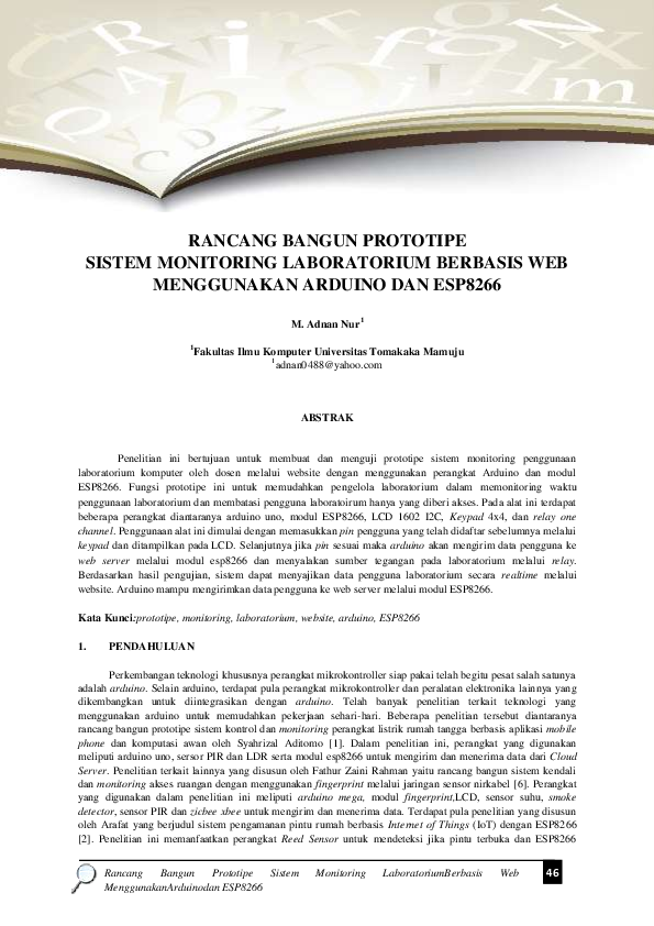 Pdf Rancang Bangun Prototipe Sistem Monitoring Laboratorium Berbasis Web Menggunakan Arduino