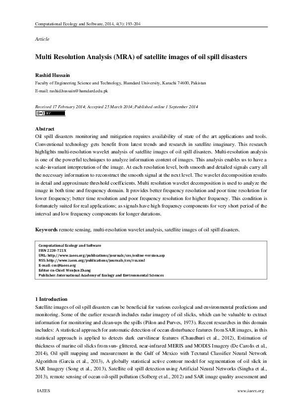 (PDF) Multi Resolution Analysis (MRA) of satellite images of oil spill disasters | Rashid ...