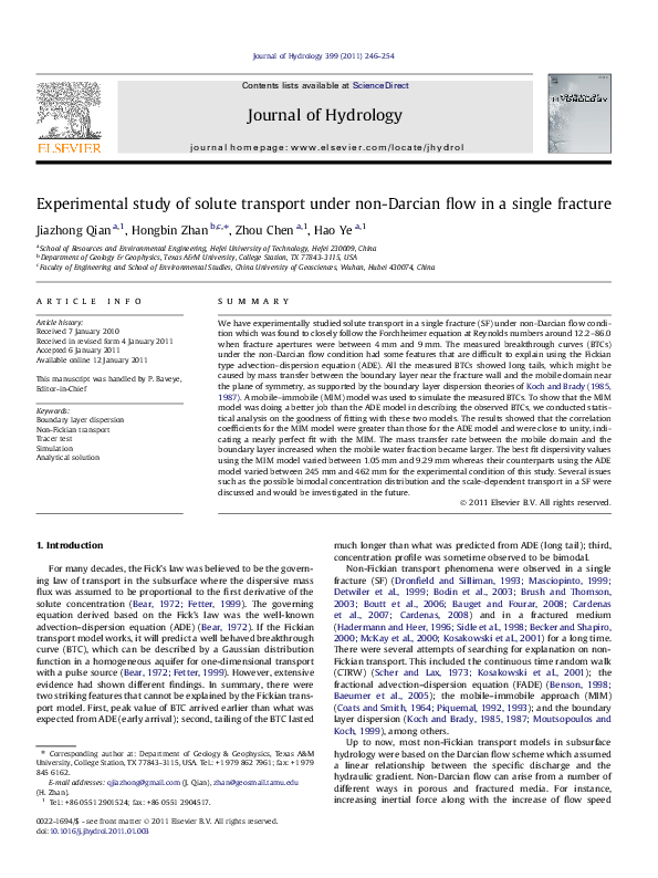 (PDF) Experimental study of solute transport under non-Darcian flow in ...