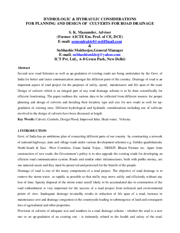(PDF) Hydrologic & hydraulic considerations for planning and design of ...