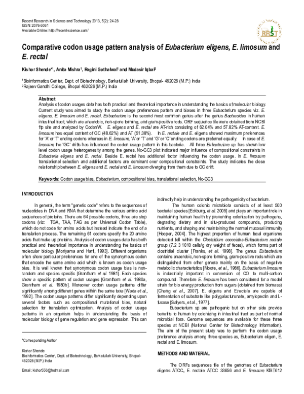 Pdf Comparative Codon Usage Pattern Analysis Of Eubacterium Eligens